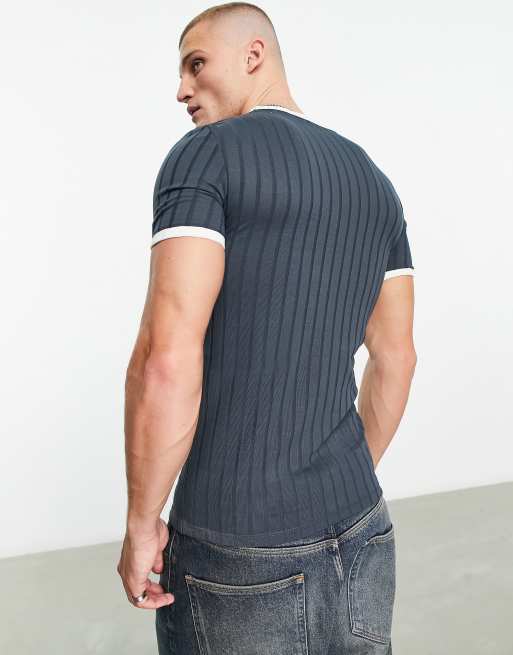 ASOS DESIGN ringer rib t-shirt in navy | ASOS