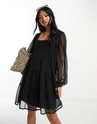 ASOS DESIGN - Robe babydoll courte à encolure carrée et bordures travaillées en tissu hachuré ...