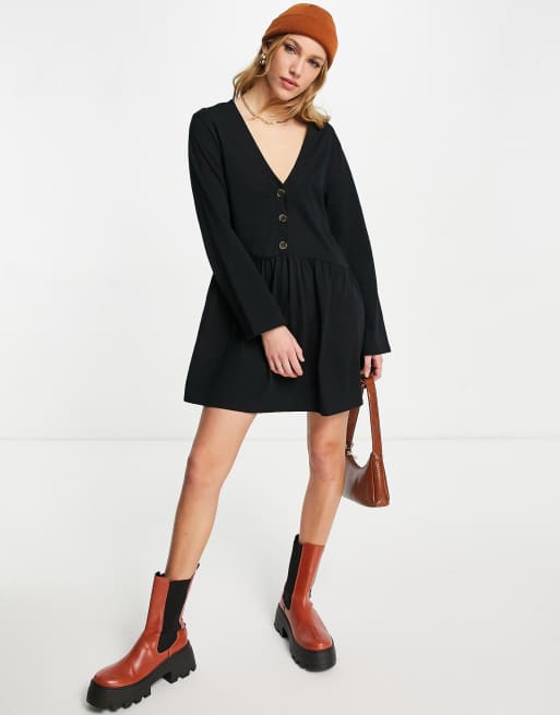 ASOS DESIGN - Robe babydoll courte à manches longues avec boutons en corne - Noir | ASOS