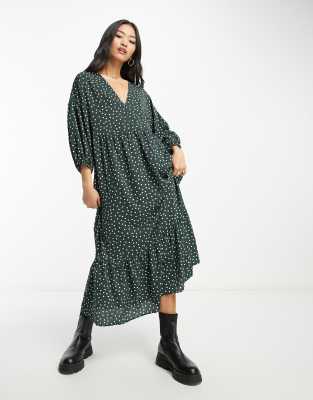 ASOS DESIGN - Robe babydoll mi-longue motif pois à enfiler - Vert bouteille | ASOS