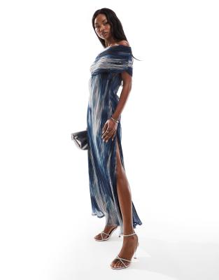 ASOS DESIGN - Robe bandeau longue et scintillante à imprimé abstrait et fente - Bleu | ASOS