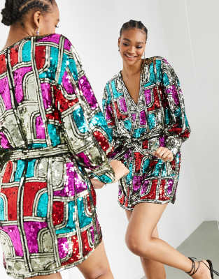 ASOS DESIGN - Robe cache-cœur courte graphique à sequins | ASOS