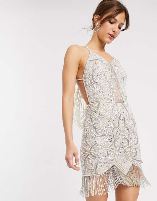 Asos Design Robe Courte à Franges Et Dos Drapé Orné De Perles Asos