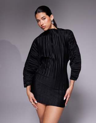 ASOS DESIGN - Robe courte et plissée avec taille surpiquée et longues manches cocon - Noir | ASOS