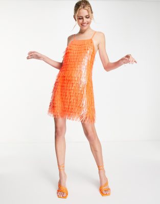 ASOS DESIGN - Robe courte ornée de sequins frangés à bretelles fines - Orange | ASOS