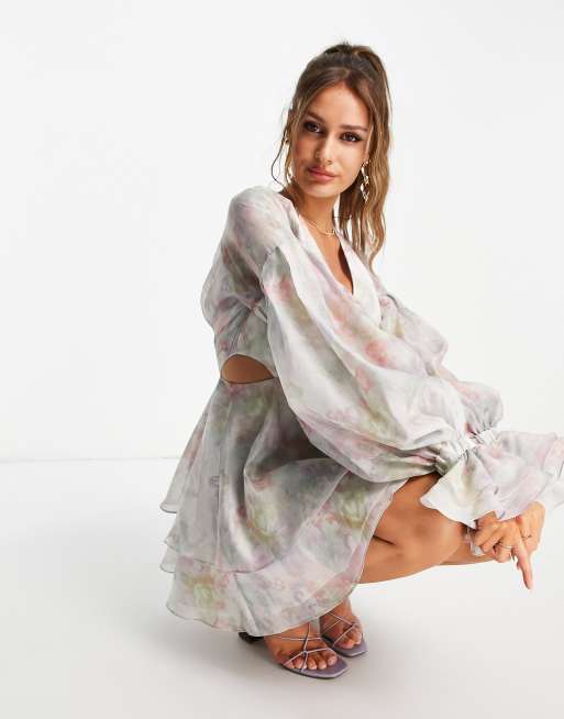 ASOS DESIGN - Robe courte plissée avec manches et poignets bouffants à imprimé floral aquarelle ...