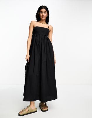 ASOS DESIGN - Robe d'été babydoll mi-longue en coton avec plis sur le buste - Noir | ASOS