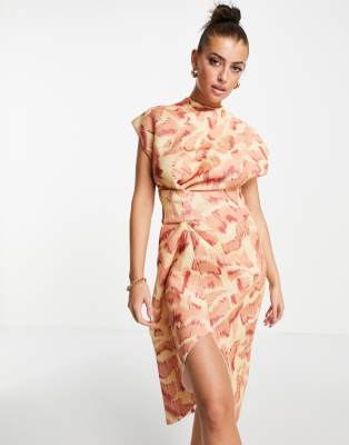 ASOS DESIGN - Robe fourreau mi-longue à col montant avec plis - Imprimé géométrique | ASOS