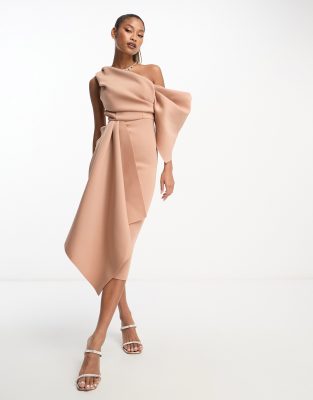 ASOS DESIGN - Robe fourreau mi-longue à épaules dénudées et volants - Camel | ASOS