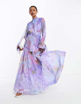 ASOS DESIGN - Robe froncée longue à col montant et imprimé flouté avec détail chevrons - Violet ...
