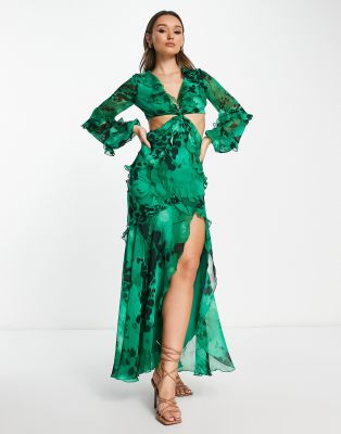 ASOS DESIGN - Robe longue à découpes et volants torsadée à la taille - Vert à fleurs effet ...