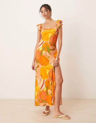 ASOS DESIGN - Robe longue à imprimé fruits et manches volantées ...