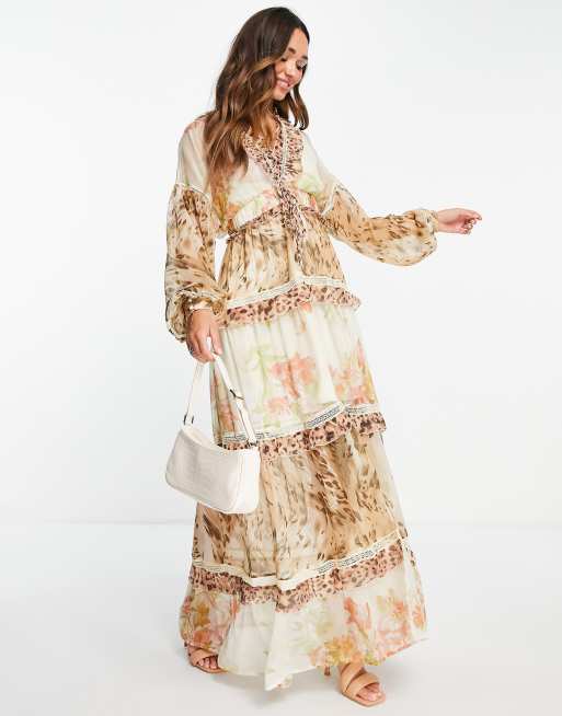 Asos Design Robe Longue à Volants étagés En Tissu Imprimé Texturé