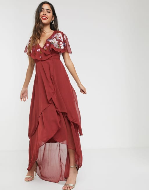 Asos Design Robe Longue Brodée Avec Cape Au Dos Et Ourlet Plongeant