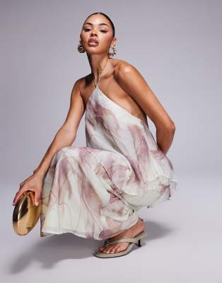 ASOS DESIGN - Robe longue coupée en biais à dos nu en tissu double épaisseur - Imprimé abstrait ...