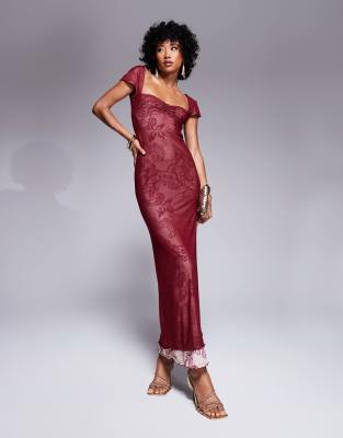 ASOS DESIGN - Robe longue double épaisseur en tulle et dentelle à décolleté en cœur - Bordeaux ...