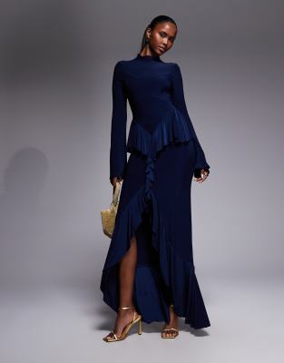 ASOS DESIGN - Robe longue douce à basque et manches longues - Bleu ...