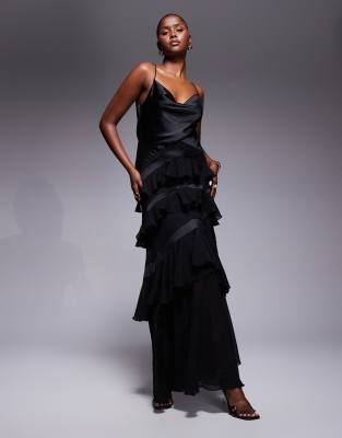 ASOS DESIGN - Robe longue en satin et mousseline avec ourlet à volants - Noir | ASOS