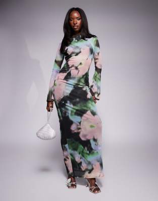 ASOS DESIGN - Robe longue en tulle à imprimé fleuri abstrait avec dos échancré et manches ange ...