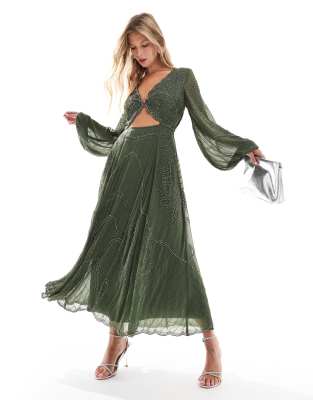 ASOS DESIGN - Robe mi-longue à manches longues avec ornements et découpes - Kaki foncé | ASOS
