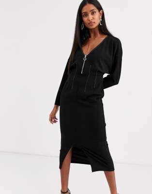 ASOS DESIGN - Robe mi-longue à manches longues et fermeture éclair sur le devant - Noir | ASOS
