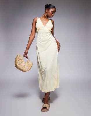 ASOS DESIGN - Robe mi-longue avec col V et corsage en dentelle - Babeurre | ASOS