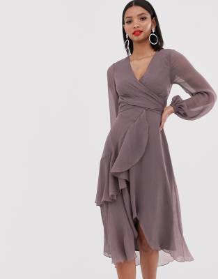 ASOS DESIGN - Robe mi-longue croisée à la taille avec jupe double ...