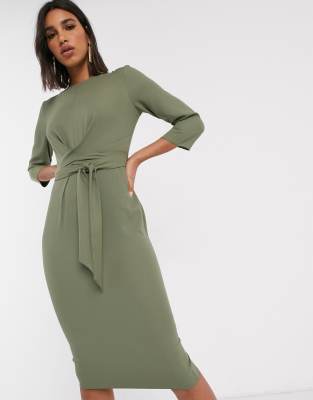 ASOS DESIGN - Robe mi-longue effet croisé avec lien à nouer - Kaki | ASOS
