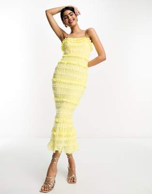 ASOS DESIGN - Robe mi-longue en dentelle froissée avec encolure carrée - Citron | ASOS