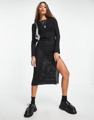 ASOS DESIGN - Robe mi-longue en maille côtelée ajourée - Noir | ASOS