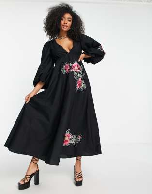 ASOS DESIGN - Robe mi-longue en popeline avec manches bouffantes et ...
