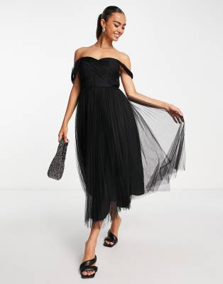 ASOS DESIGN - Robe mi-longue en tulle à épaules dénudées et jupe plissée nouée dans le dos ...
