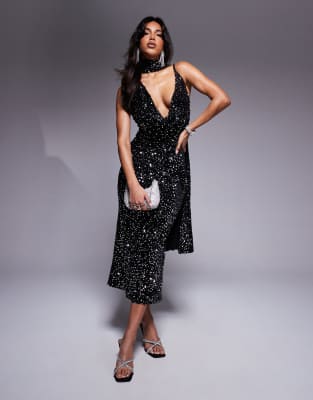 ASOS DESIGN - Robe mi-longue en velours orné de sequins avec col bénitier et encolure nouée ...