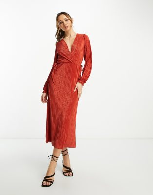 ASOS DESIGN - Robe mi-longue portefeuille plissée nouée sur le côté - Rouille | ASOS