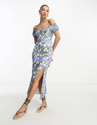 ASOS DESIGN - Robe mi-longue tendance folk en viscose avec liens à l'encolure - Imprimé fleurs ...
