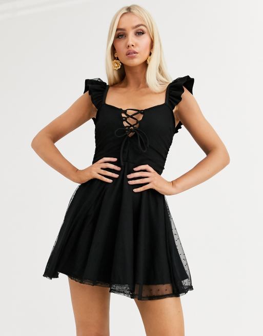Asos Design Robe Patineuse Courte Froncée En Tulle Avec Dentelle