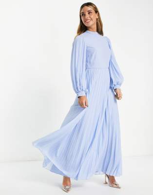 ASOS DESIGN - Robe patineuse longue plissée à col montant et manches longues - Bleu barbeau | ASOS