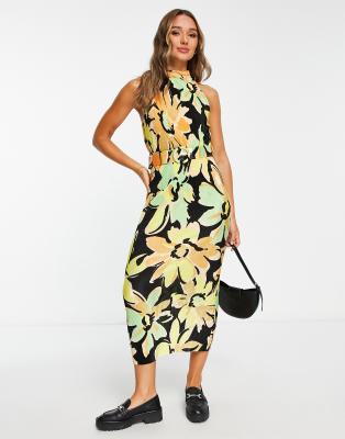 ASOS DESIGN - Robe plissée mi-longue sans manches à imprimé fleuri avec col montant et ceinture ...