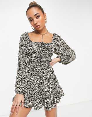 ASOS DESIGN - Robe rétro courte à manches longues nouée sur le devant imprimé animal | ASOS