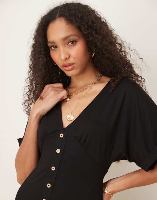 ASOS DESIGN roll sleeve button front mini tea dress in black | ASOS