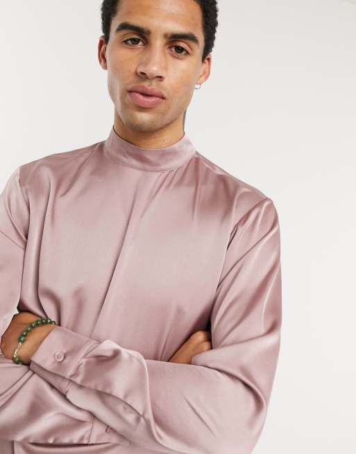 Asos Design Rosa Satinhemd Mit Stehkragen In Regulärer Passform Asos