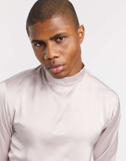 Asos Design Rosa Satinhemd Mit Stehkragen In Regulärer Passform Asos