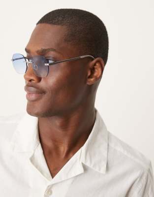 ASOS DESIGN round rimless sunglasses with blue ombre lens and silver ...