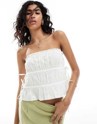 ASOS DESIGN ruched bandeau with ties in white | ASOS