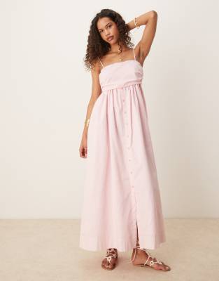 ASOS DESIGN ruched bust button down bandeau maxi dress in baby pink | ASOS