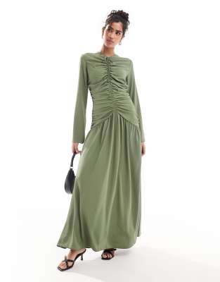 Asos Design Ruched Front Maxi Dress In Khaki-green | ModeSens