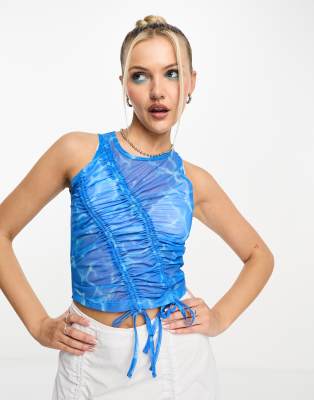 ASOS DESIGN ruched mesh tank top in blue ocean print | ASOS