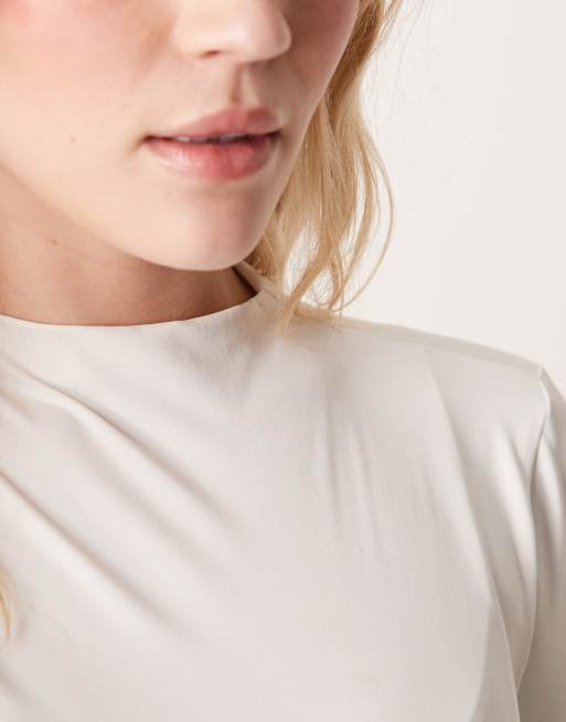 ASOS DESIGN ruched side high neck polyamide top in cream | ASOS