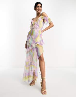 ASOS DESIGN ruffle asymmetric maxi dress in abstract print | ASOS