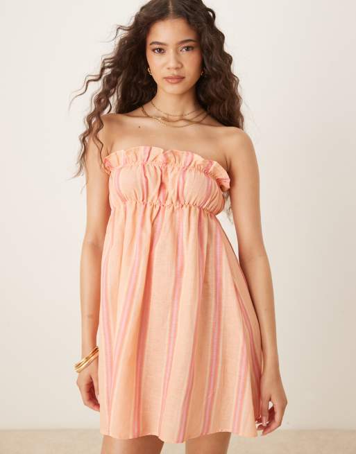 ASOS DESIGN ruffle bust mini dress in washed pink stripe | ASOS